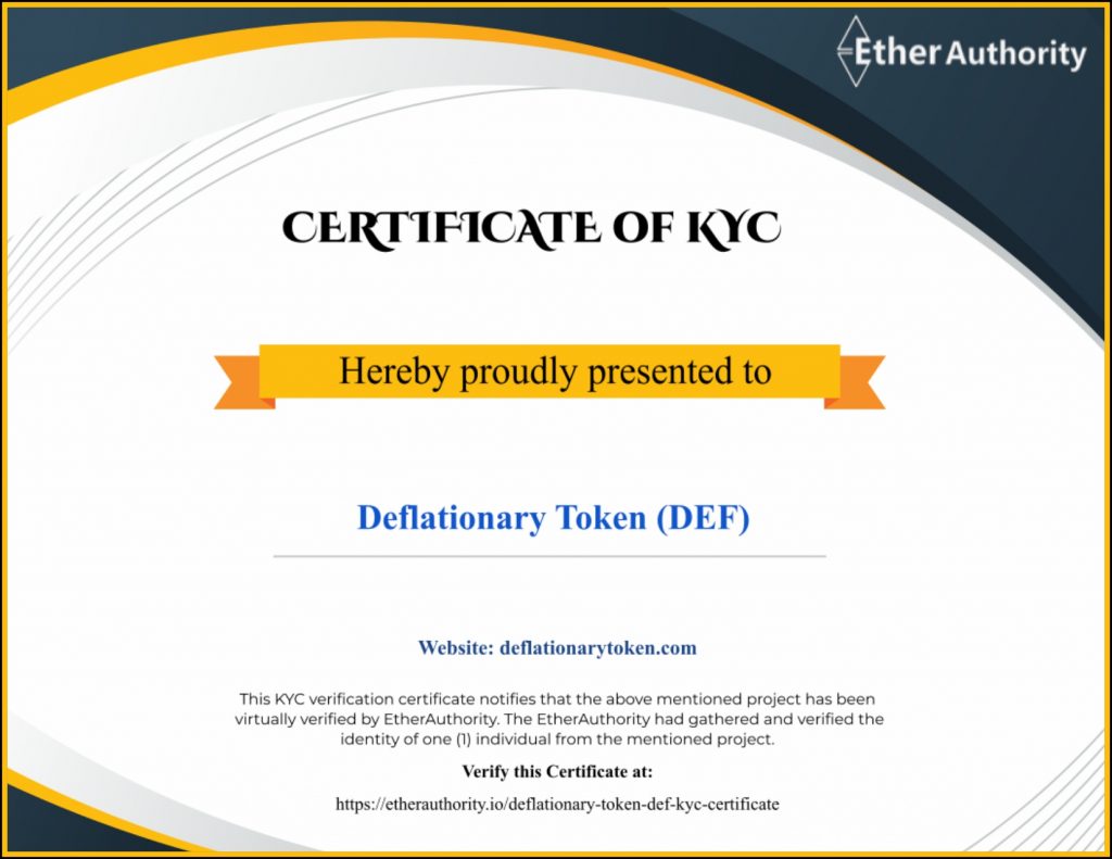 Deflationary Token (DEF) KYC Certificate - EtherAuthority