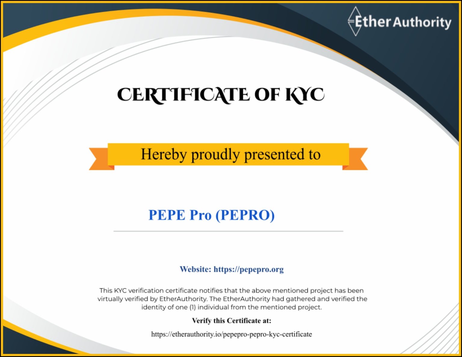 PEPE Pro (PEPRO) KYC Certificate - EtherAuthority
